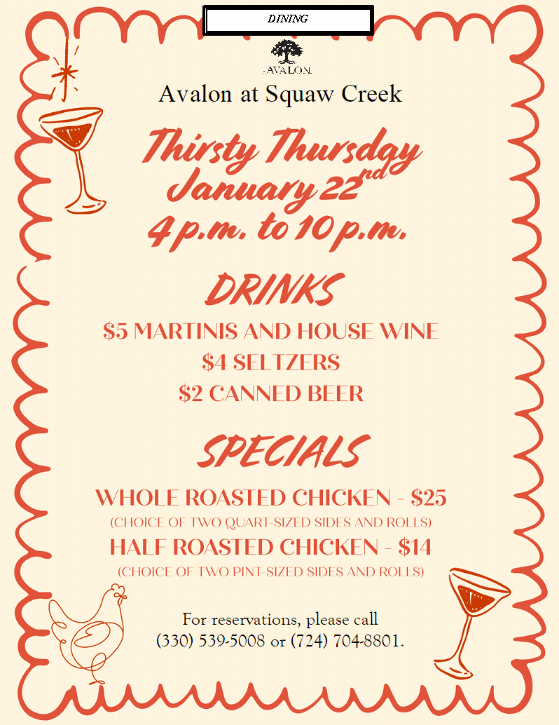 Thirsty Thursday January 22nd at Squaw Creek - Avalon Golf & Country Club