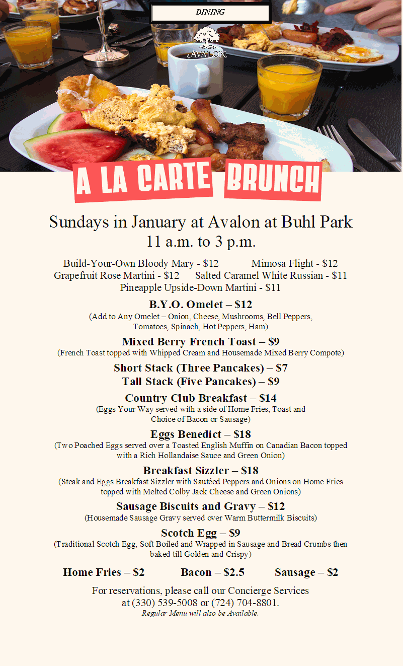 A La Carte Brunch Sundays in January at Buhl Park - Avalon Golf ...